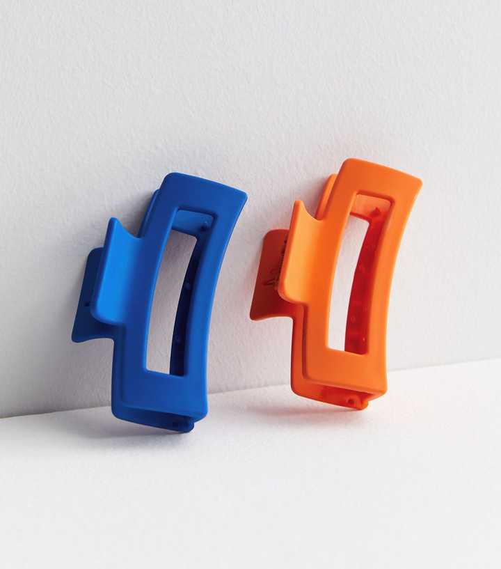 2 Pack Bright Blue and Orange Matte Rectangle Claw Clips | New Look