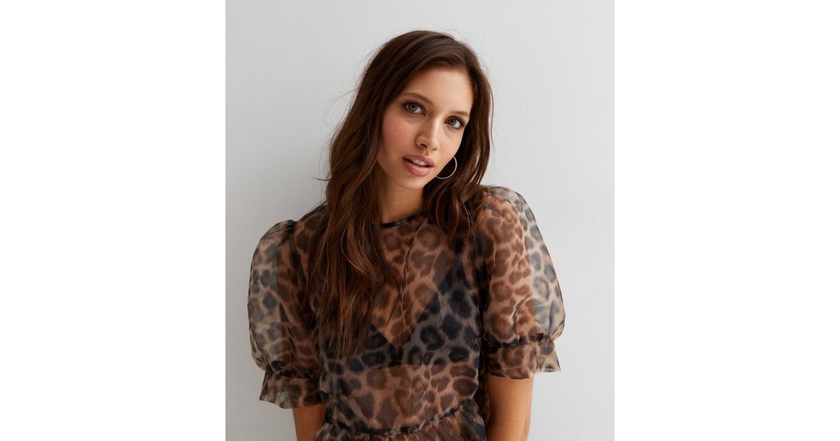 Brown Leopard Print Organza Short Puff Sleeve Tie Back Peplum Top | New ...