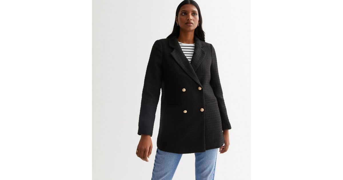Black Bouclé Double Breasted Blazer | New Look