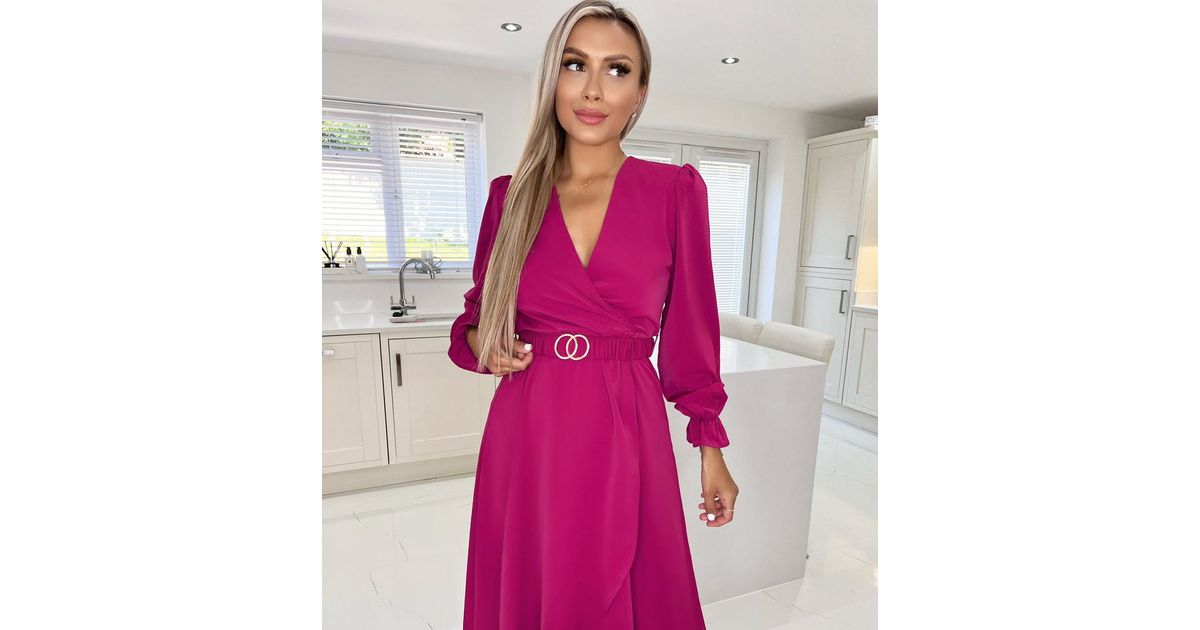 AX Paris Mid Pink Long Sleeve Belted Midi Wrap Dress | New Look