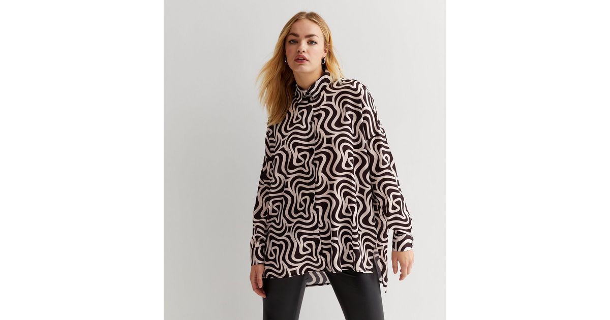 Black Squiggle Pattern Satin High Neck Oversized Shirt | New Look