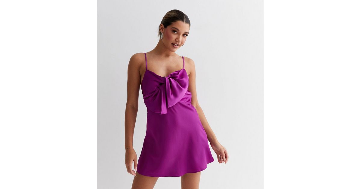 Deep Pink Satin Strappy Bow Front Mini Dress | New Look