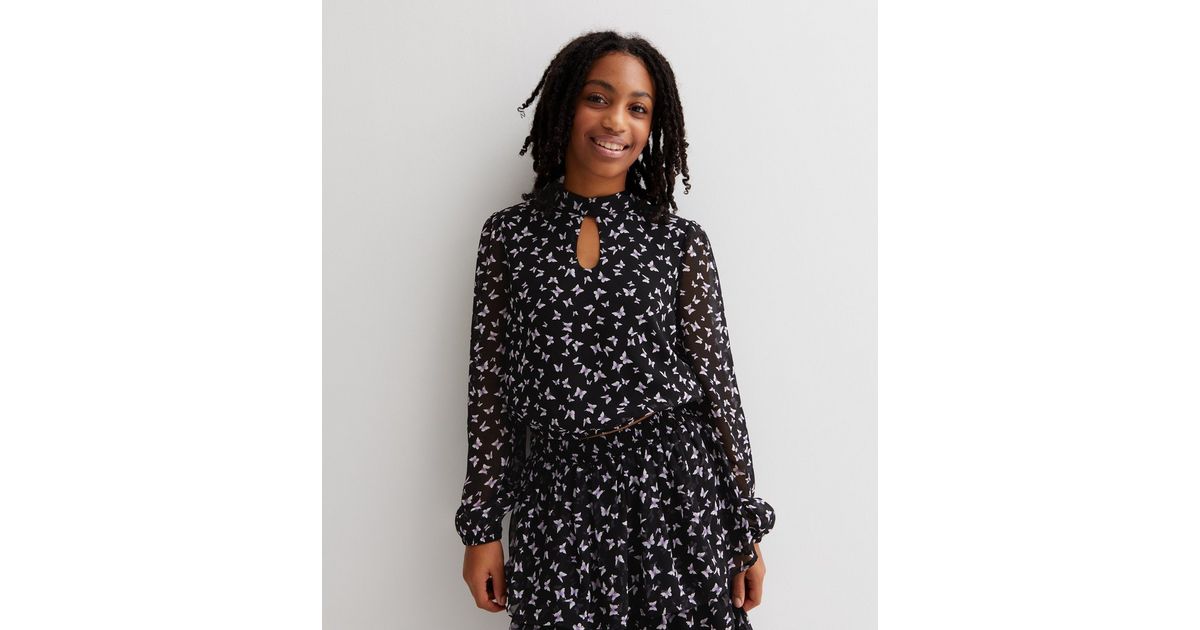 Girls Black Butterfly Chiffon High Neck Keyhole Top | New Look