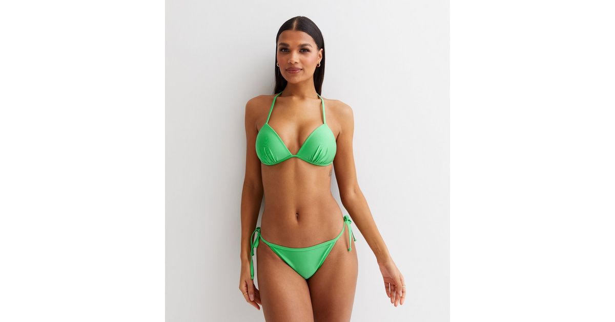 Green Halter Moulded Triangle Bikini Top | New Look