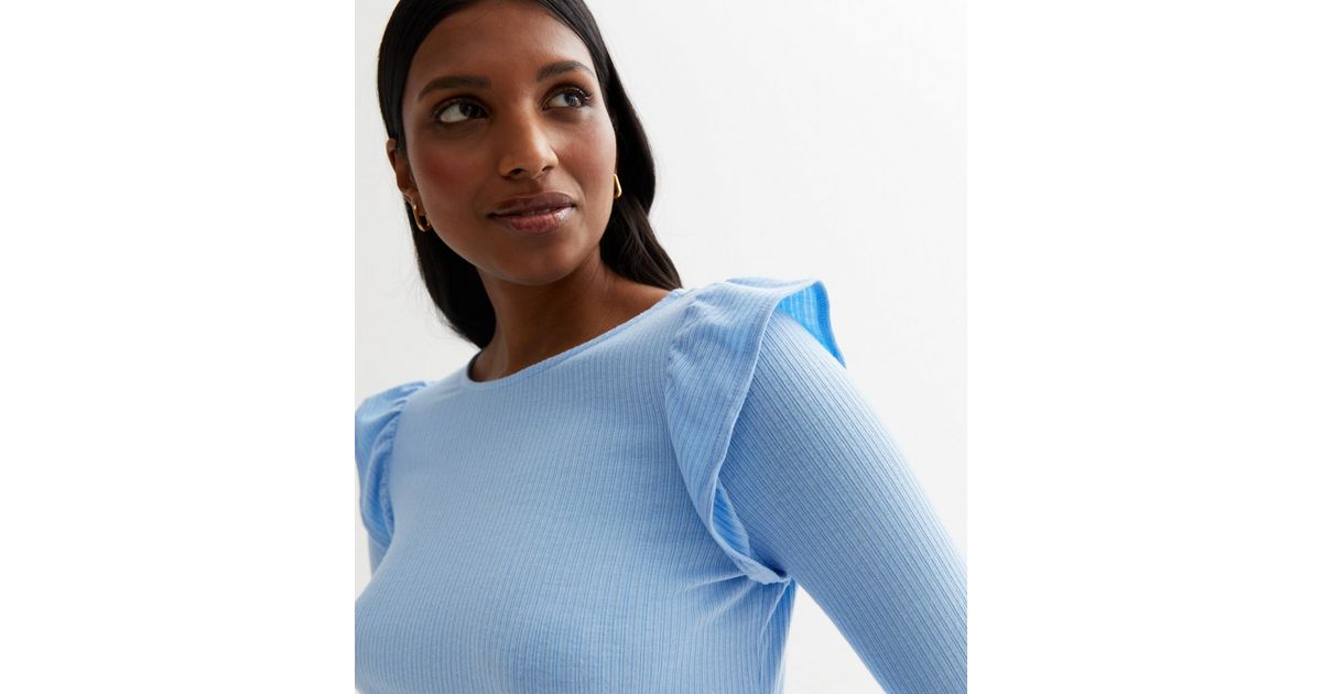 Pale Blue Ribbed Knit Long Frill Sleeve Top | New Look