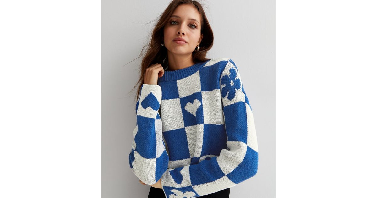 ONLY Blue Checkerboard Knit Crop Jumper | New Look