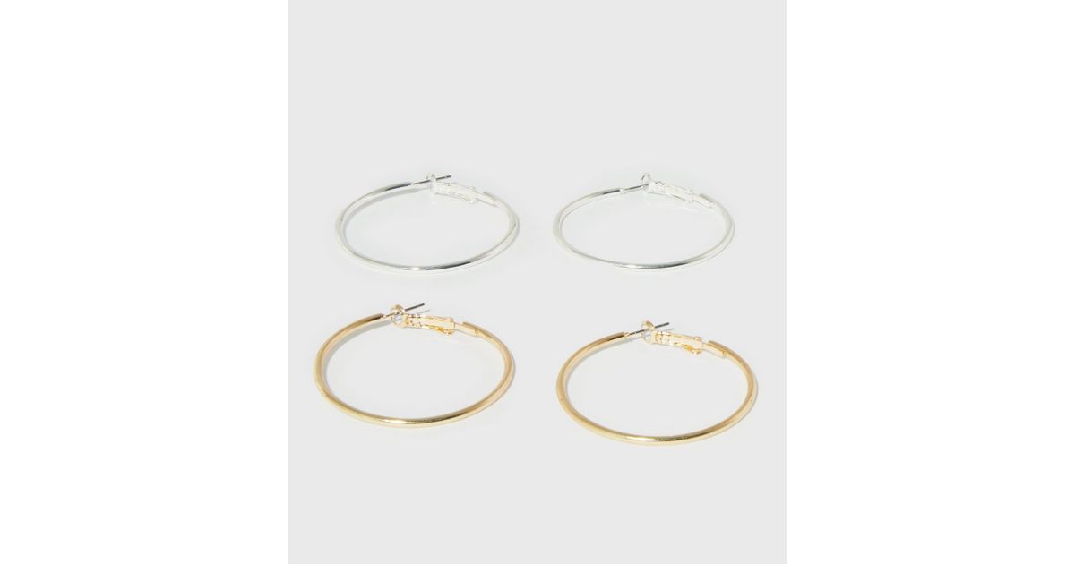 2 Pack Silver and Gold 40mm Hoop Earrings | New Look