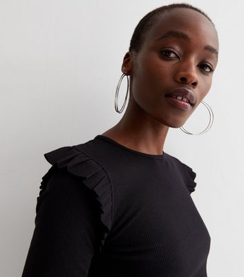 Tall Black Ribbed Frill Sleeve Bodysuit | New Look