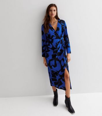 Blue Abstract Print Wrap Over Midi Shirt Dress | New Look