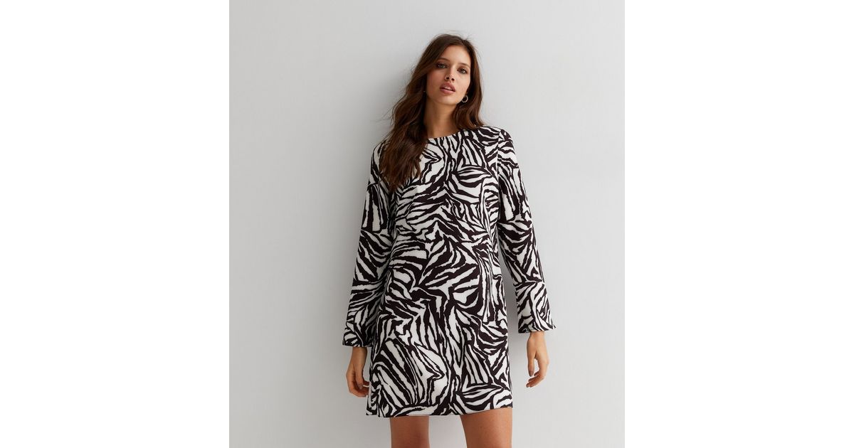 Black Zebra Print Round Neck Flare Sleeve Mini Dress | New Look