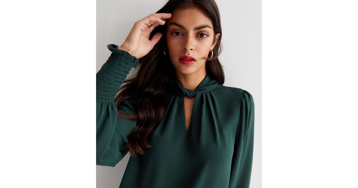 Dark Green High Neck Twist Cut Out Long Sleeve Shell Top | New Look
