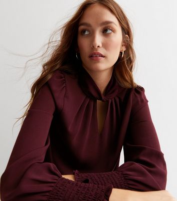 Burgundy High Neck Twist Neck Cut Out Long Sleeve Shell Top | New Look
