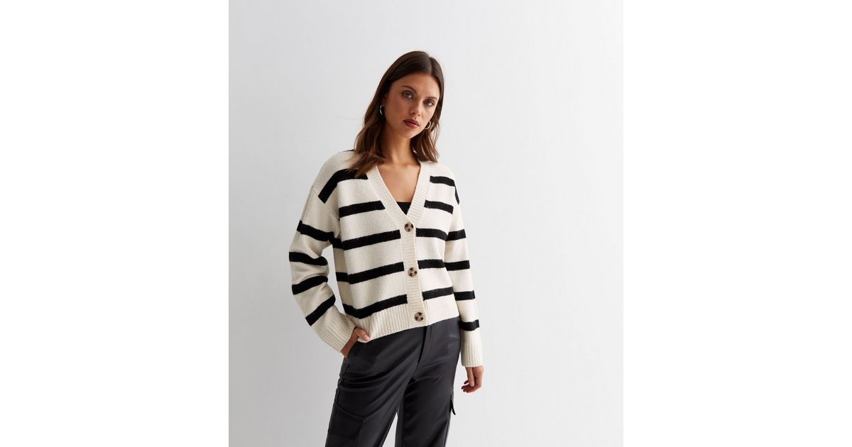 White Stripe Knit Button Cardigan | New Look