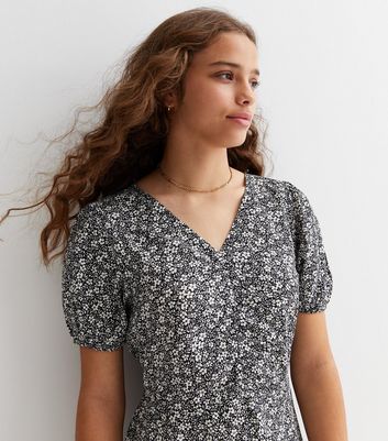 Girls Black Ditsy Floral Ruched Puff Sleeve Dress | New Look