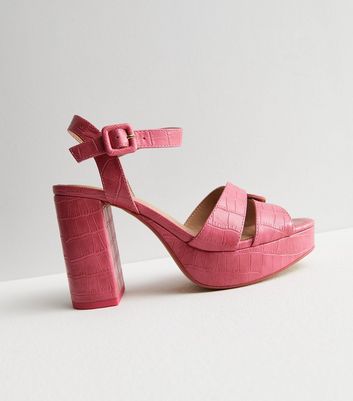 Bright Pink Faux Croc Platform Block Heel Sandals | New Look