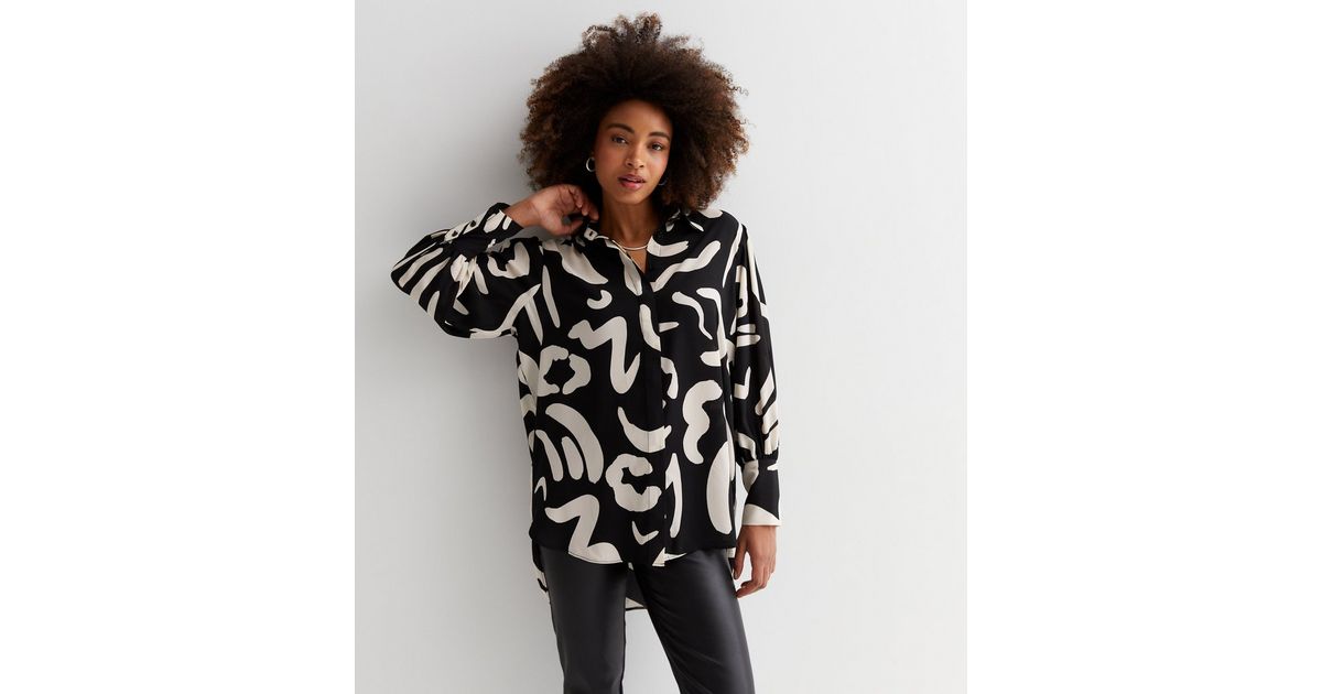 Black Abstract Print Collared Long Sleeve Long Hem Shirt | New Look