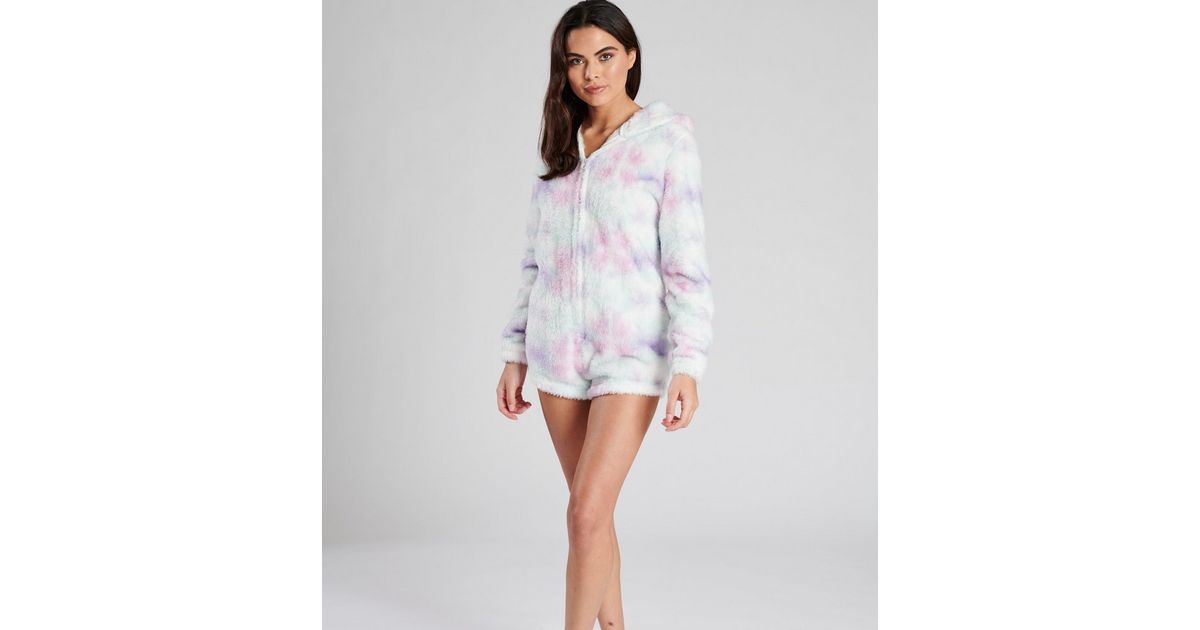 Loungeable Multicoloured Tie Dye Hooded Short Onesie | New Look
