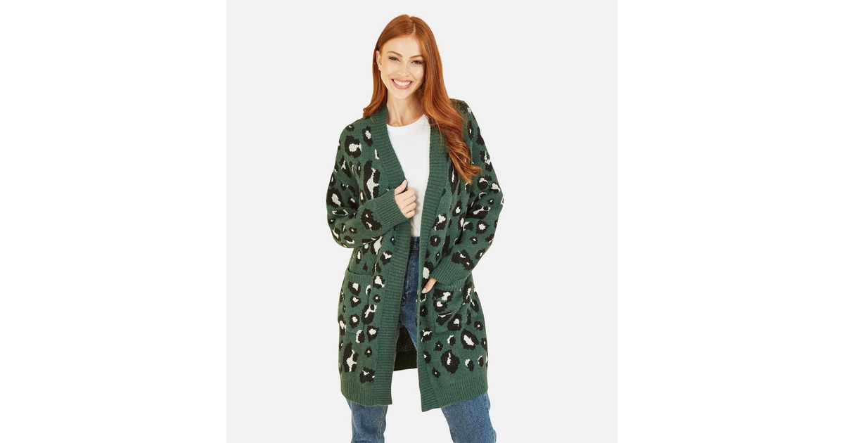 Yumi Green Leopard Print Knit Long Sleeve Pocket Front Cardigan | New Look