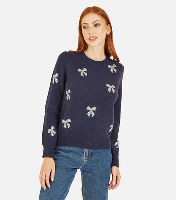 Yumi Navy Knit Sequin Embellished Bow Jumper | New Look