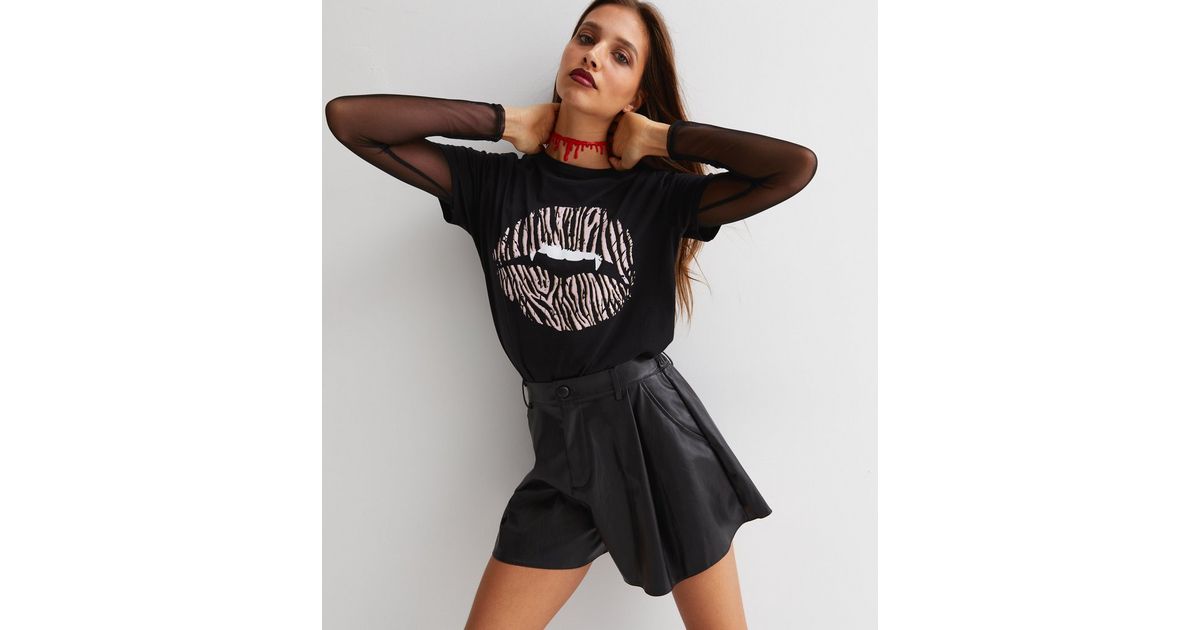 Black Zebra Print Lips and Fangs Logo T-Shirt | New Look