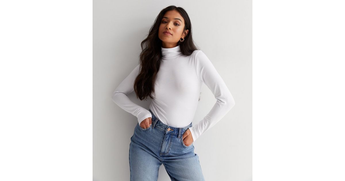 Petite White Roll Neck Long Sleeve Bodysuit | New Look