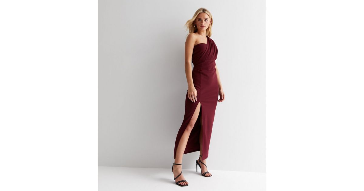 Petite Burgundy One Shoulder Slit Leg Maxi Dress | New Look