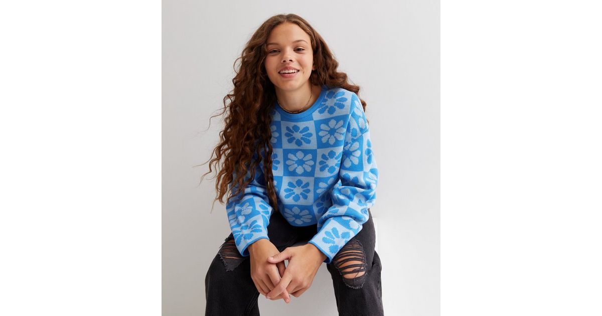 Girls Blue Floral Checkerboard Jumper | New Look