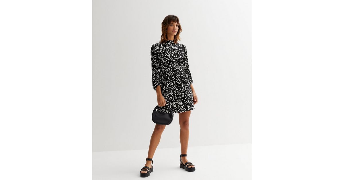 Black Squiggle High Neck Belted Mini Tunic Dress New Look