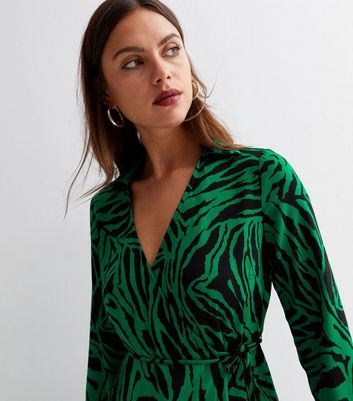 Green Zebra Print Collared Midi Wrap Dress | New Look