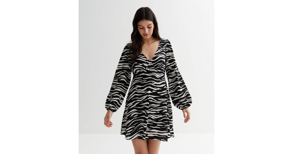 Black Zebra Print V Neck Long Sleeve Mini Dress | New Look