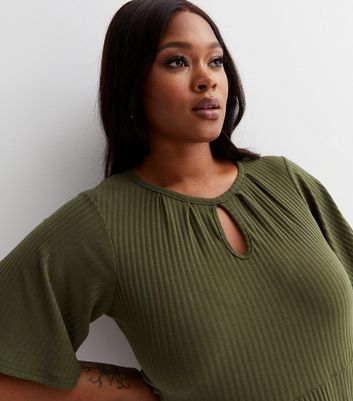 Curves Dark Green Ribbed Jersey Short Sleeve Keyhole Mini Dress | New Look