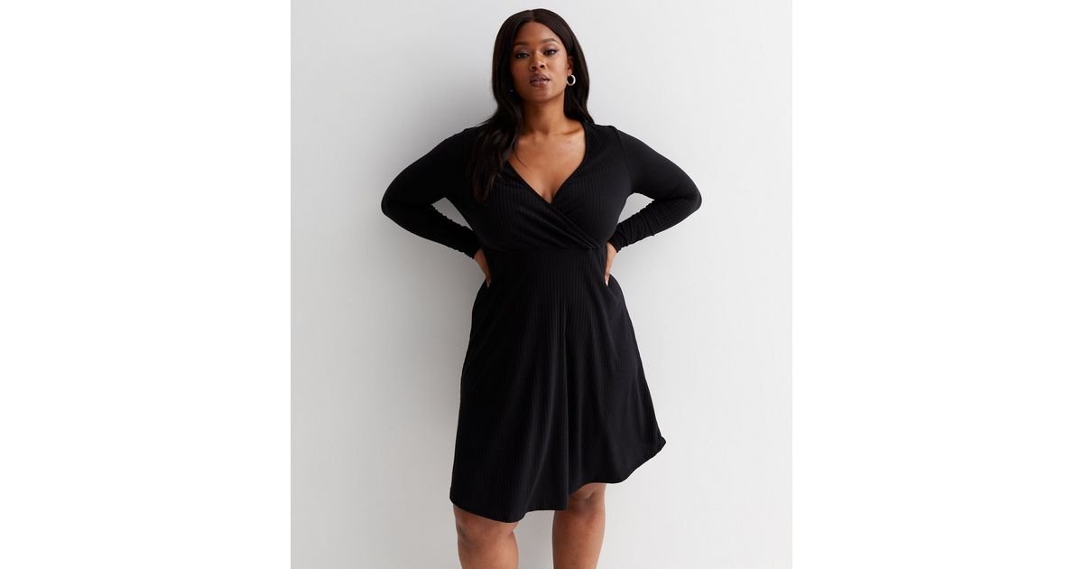 Curves Black Ribbed Jersey V Neck Long Sleeve Mini Wrap Dress | New Look