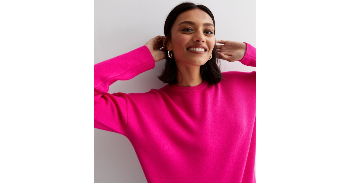 Bright Pink Knit Crew Neck Boxy Jumper | New Look