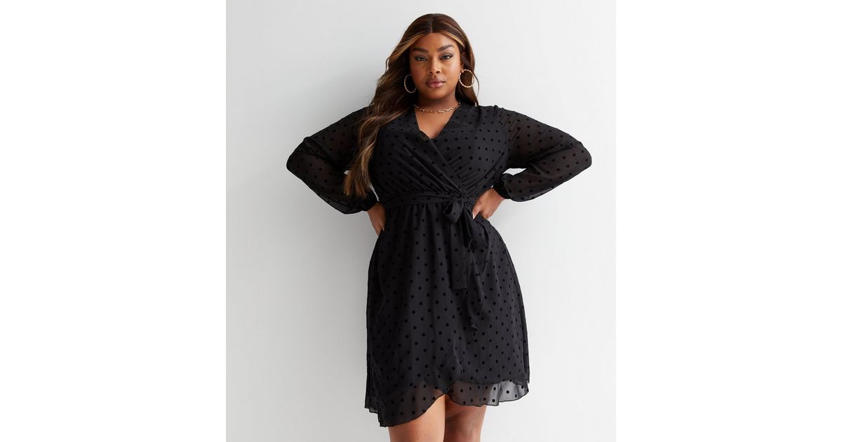Curves Black Spot Chiffon Long Sleeve Mini Wrap Dress | New Look