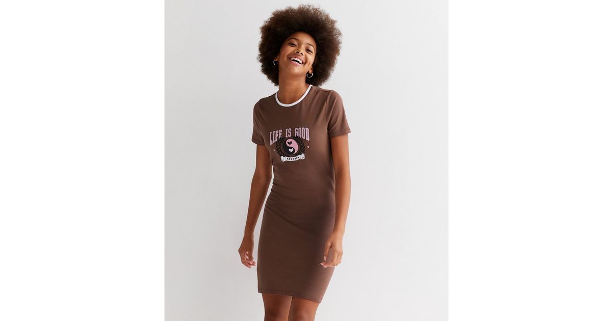 Girls Dark Brown Life is Good Logo Ringer Dress | New Look