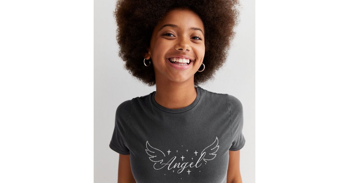 Girls Dark Grey Angel Diamanté Logo T-Shirt Dress | New Look