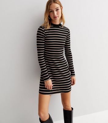 Black Stripe Ribbed Jersey High Neck Mini Dress | New Look