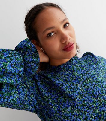 Blue Floral High Neck Long Puff Sleeve Midi Dress | New Look