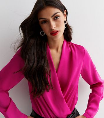Bright Pink Satin V Neck Wrap Over Bodysuit | New Look