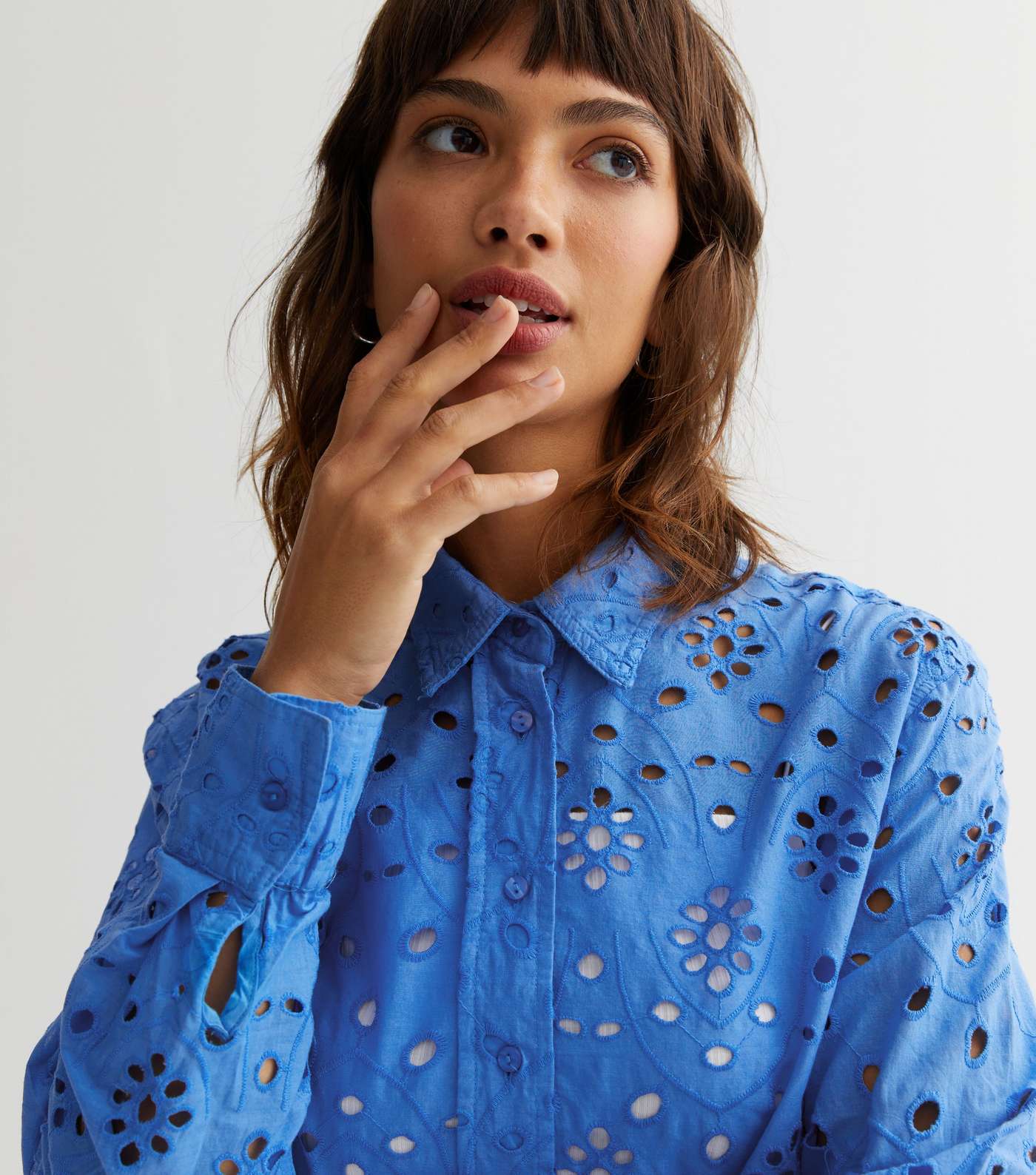 Blue Broderie Long Sleeve Shirt New Look