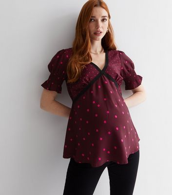 Maternity Burgundy Spotty V Neck Short Sleeve Lace Insert Top | New Look