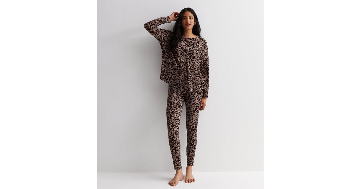 Brown Soft Touch Leggings Pyjama Set with Heart Print | New Look