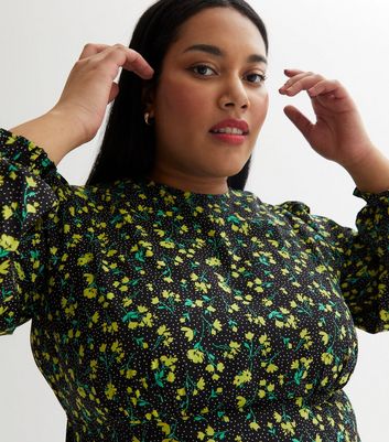 Curves Black Floral Spot Crepe Long Puff Sleeve Mini Tea Dress | New Look