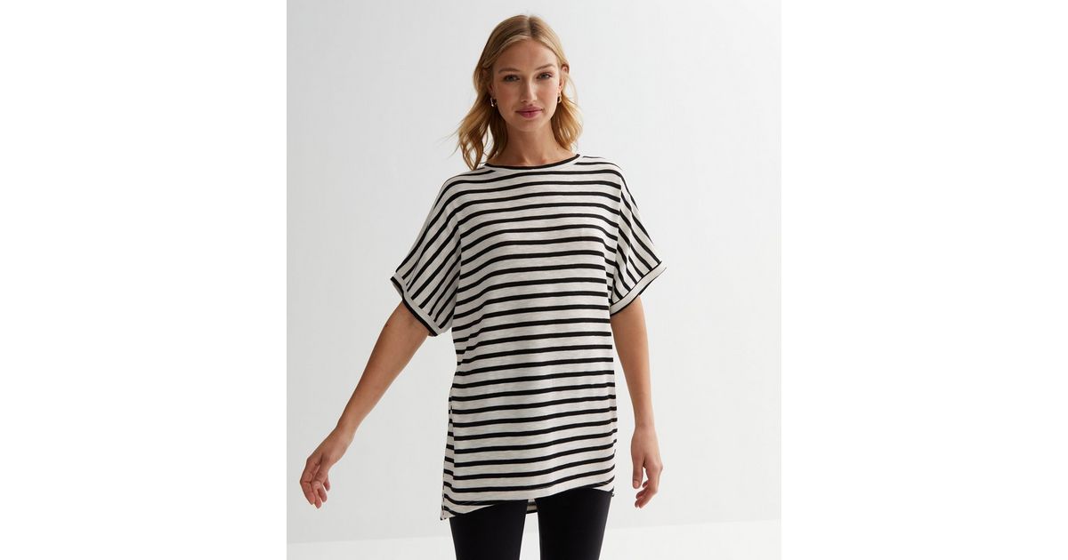 Black Stripe Fine Knit Long Hem Top | New Look