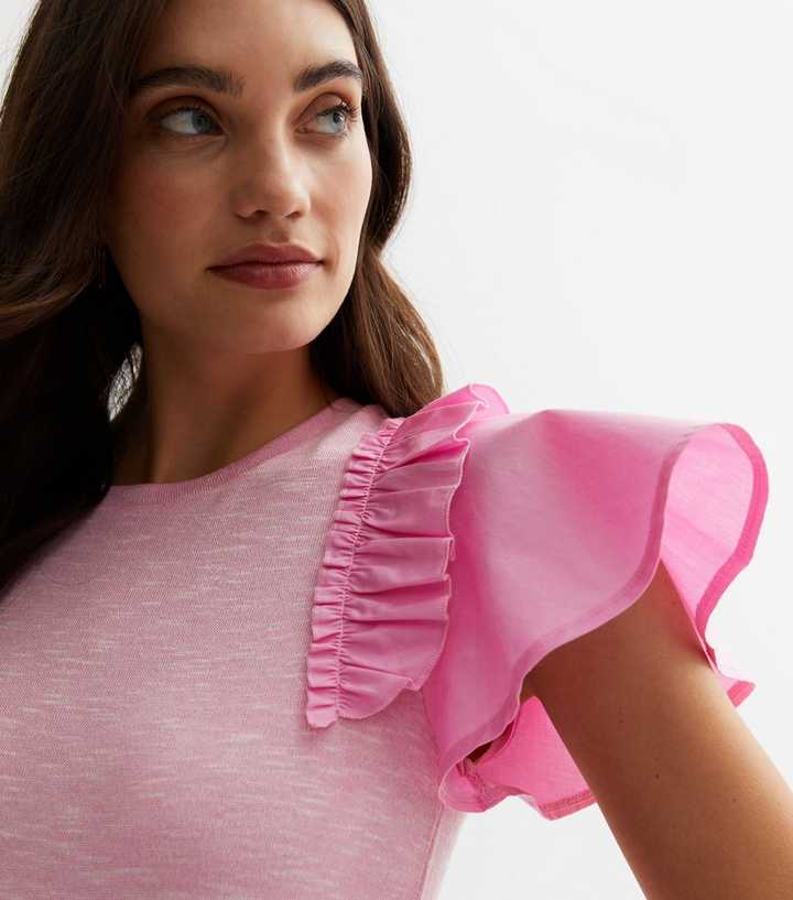 Bright Pink Fine Knit Poplin Frill Sleeve Top | New Look