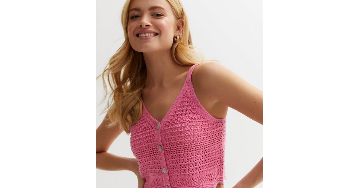 Bright Pink Crochet Knit Frill Hem Crop Vest | New Look