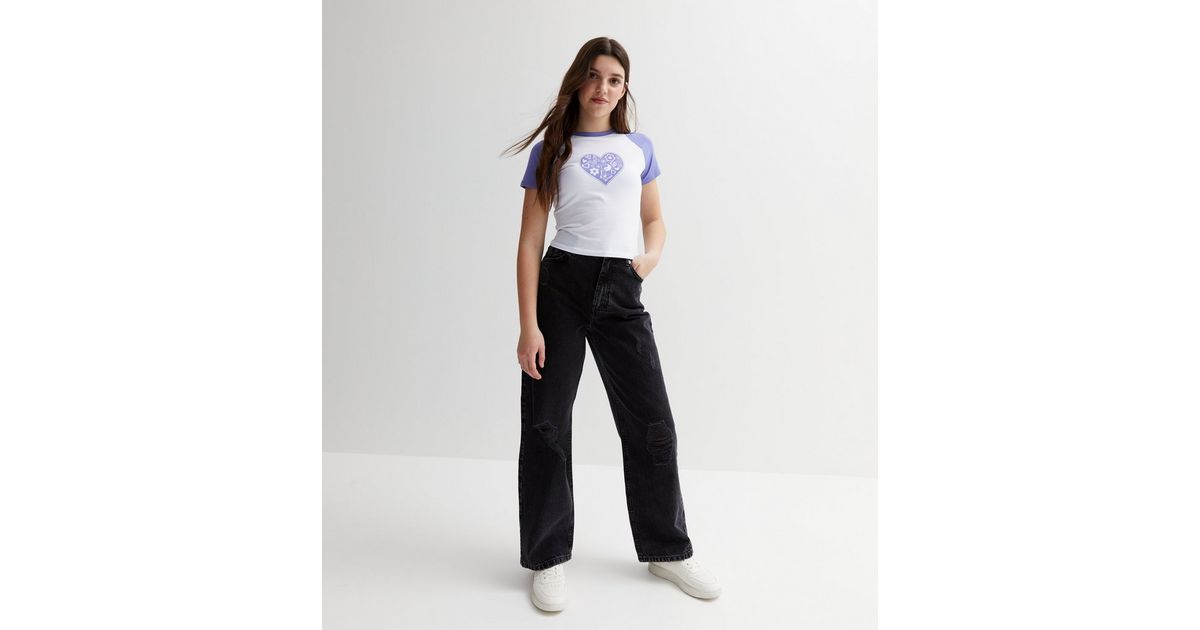 Girls Black Ripped High Waist Adalae Wide Leg Jeans New Look