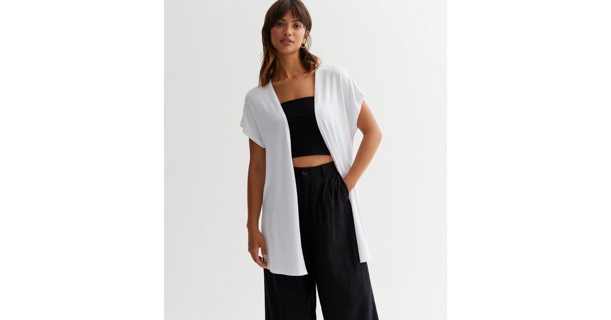 White Fine Knit Short Sleeve Long Cardigan | New Look