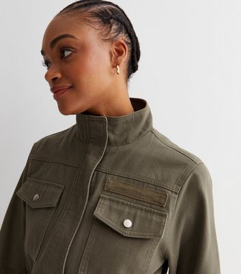 Tall Khaki Cotton High Neck Four Pocket Shacket | New Look