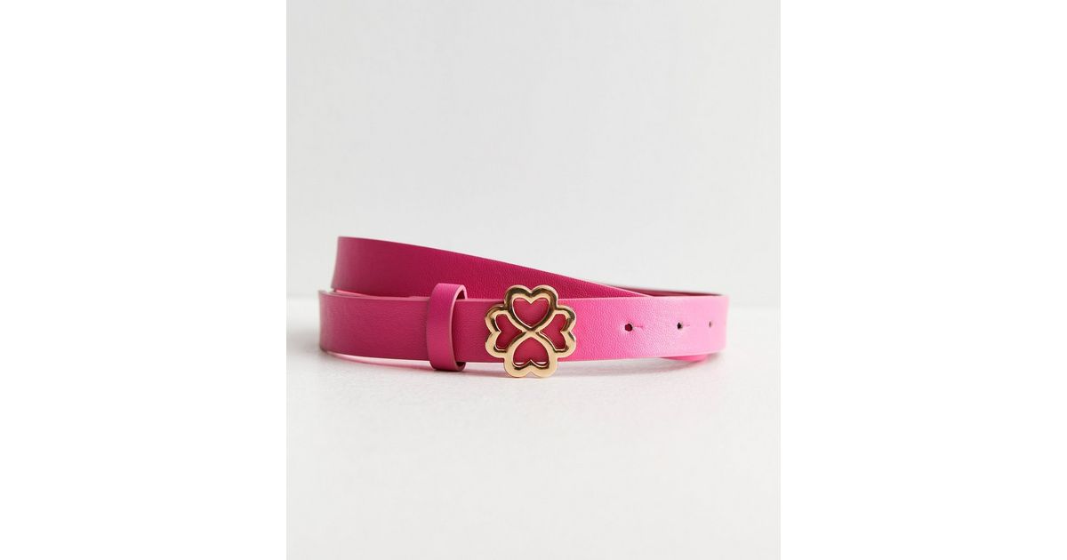 Bright Pink Leather-Look Clover Buckle Belt | New Look